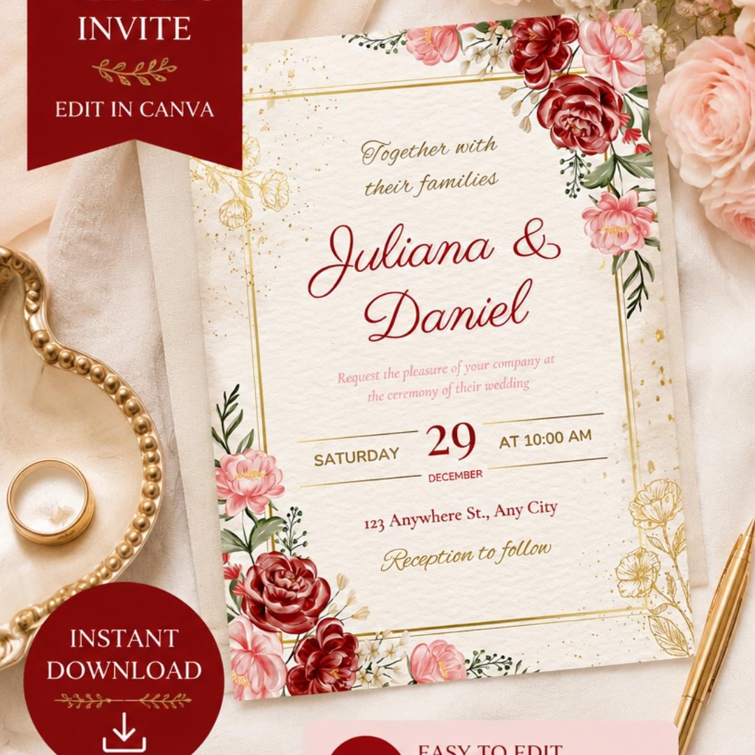 Red Roses Floral Wedding Invitation Template | Elegant Gold Frame ...
