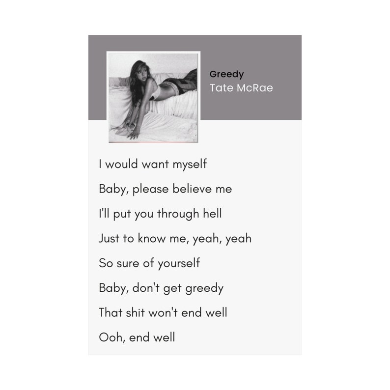 Tate Mcrae greedy Single Song Print Lyric Poster Music Wall Art Think ...