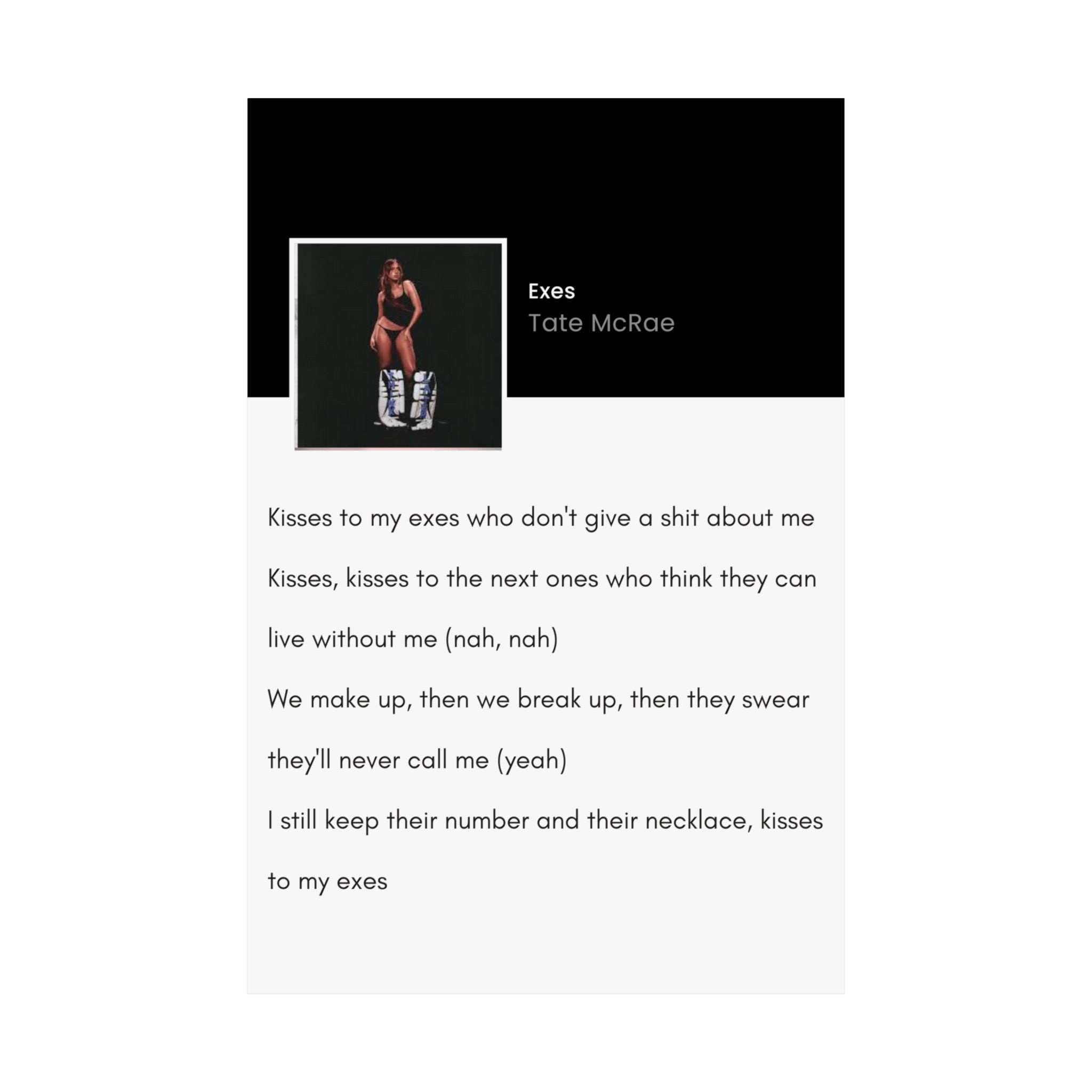 Tate Mcrae exes Think Later Album Song Print Lyric Poster Music Wall ...