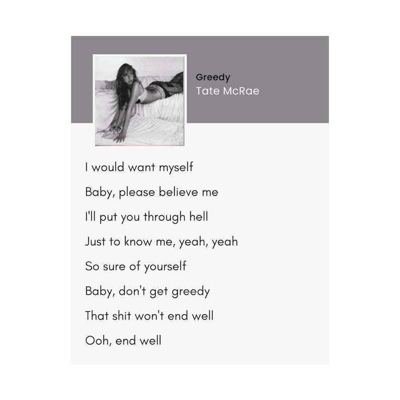 Tate Mcrae "greedy" Single Song Print | Lyric Poster | Music Wall Art ...