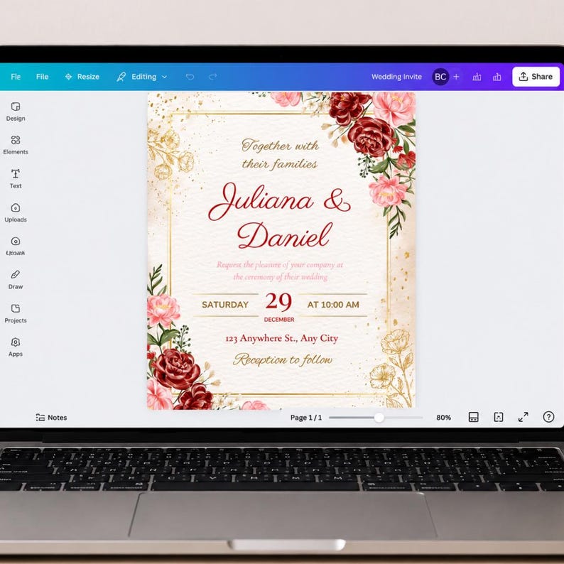 Red Roses Floral Wedding Invitation Template | Elegant Gold Frame ...