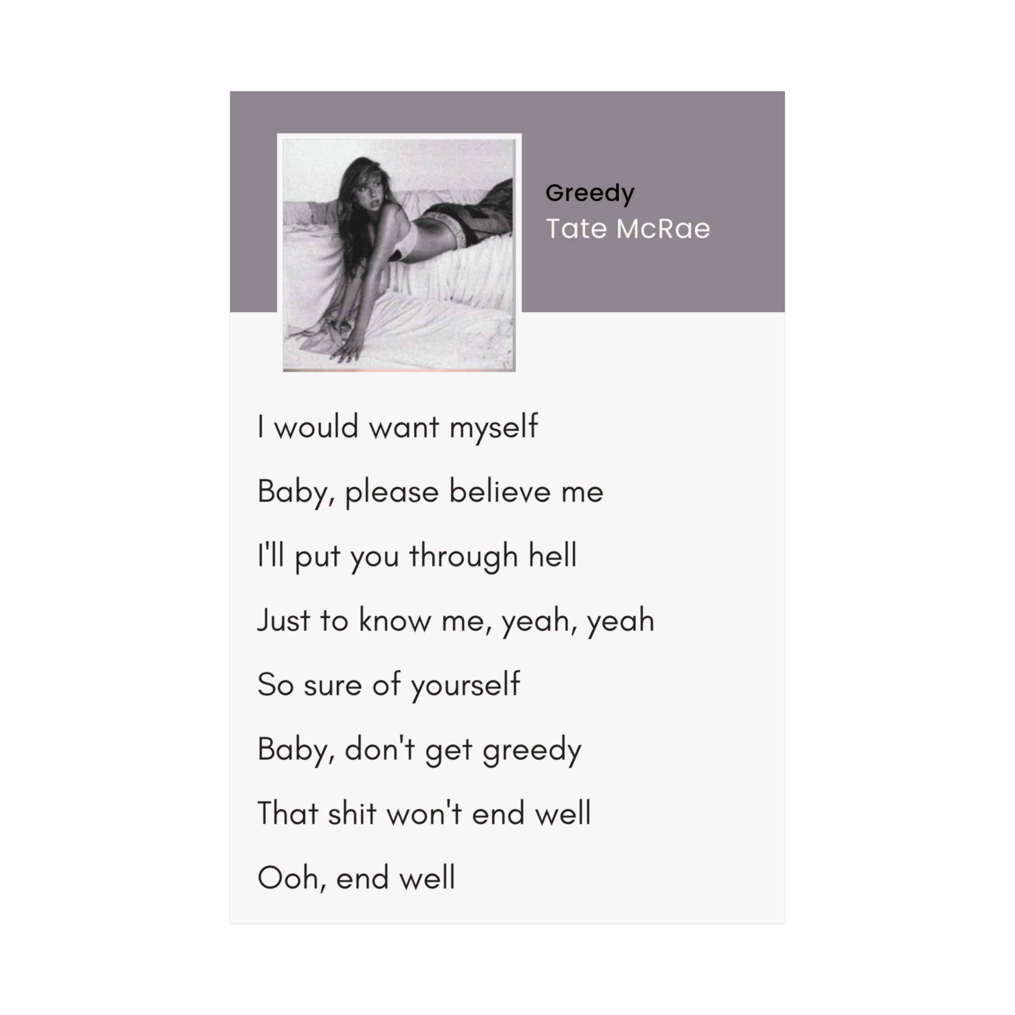 Tate Mcrae greedy Single Song Print Lyric Poster Music Wall Art Think ...