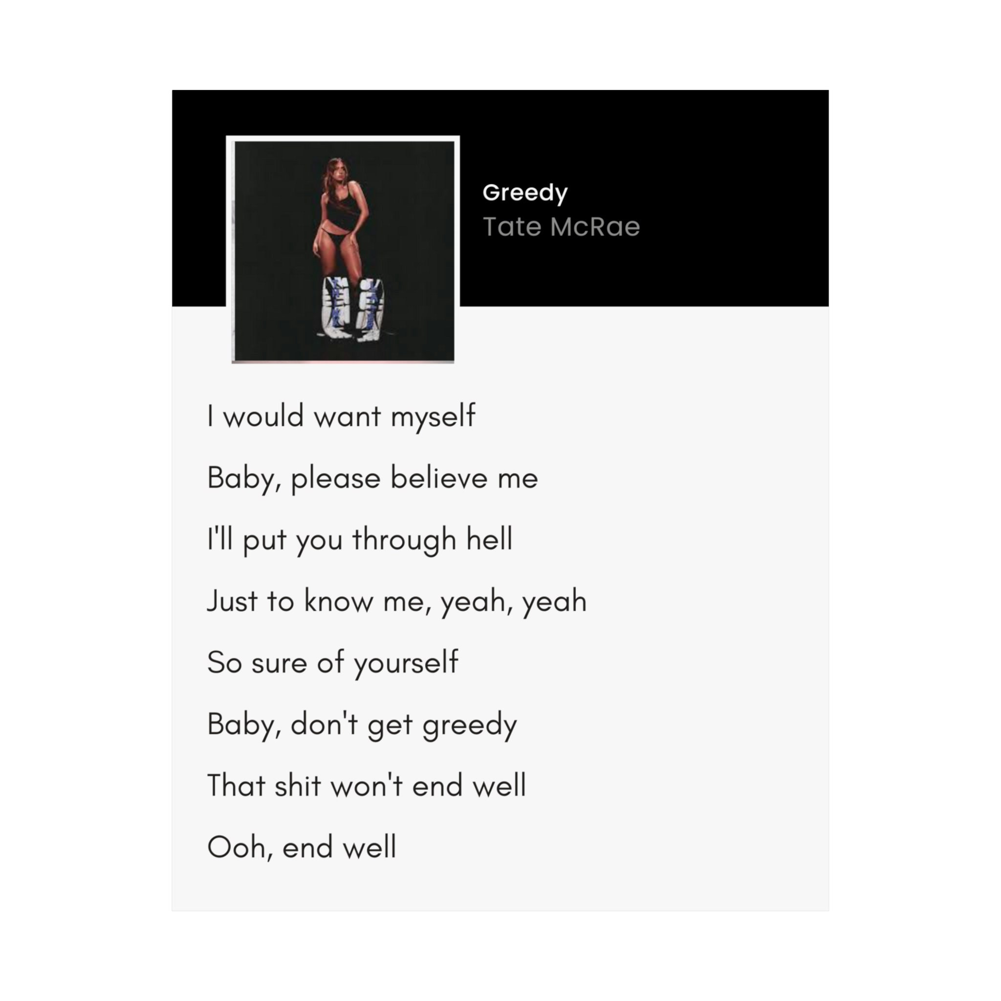 Tate Mcrae "greedy" - Think Later Album - Song Print - Lyric Poster ...