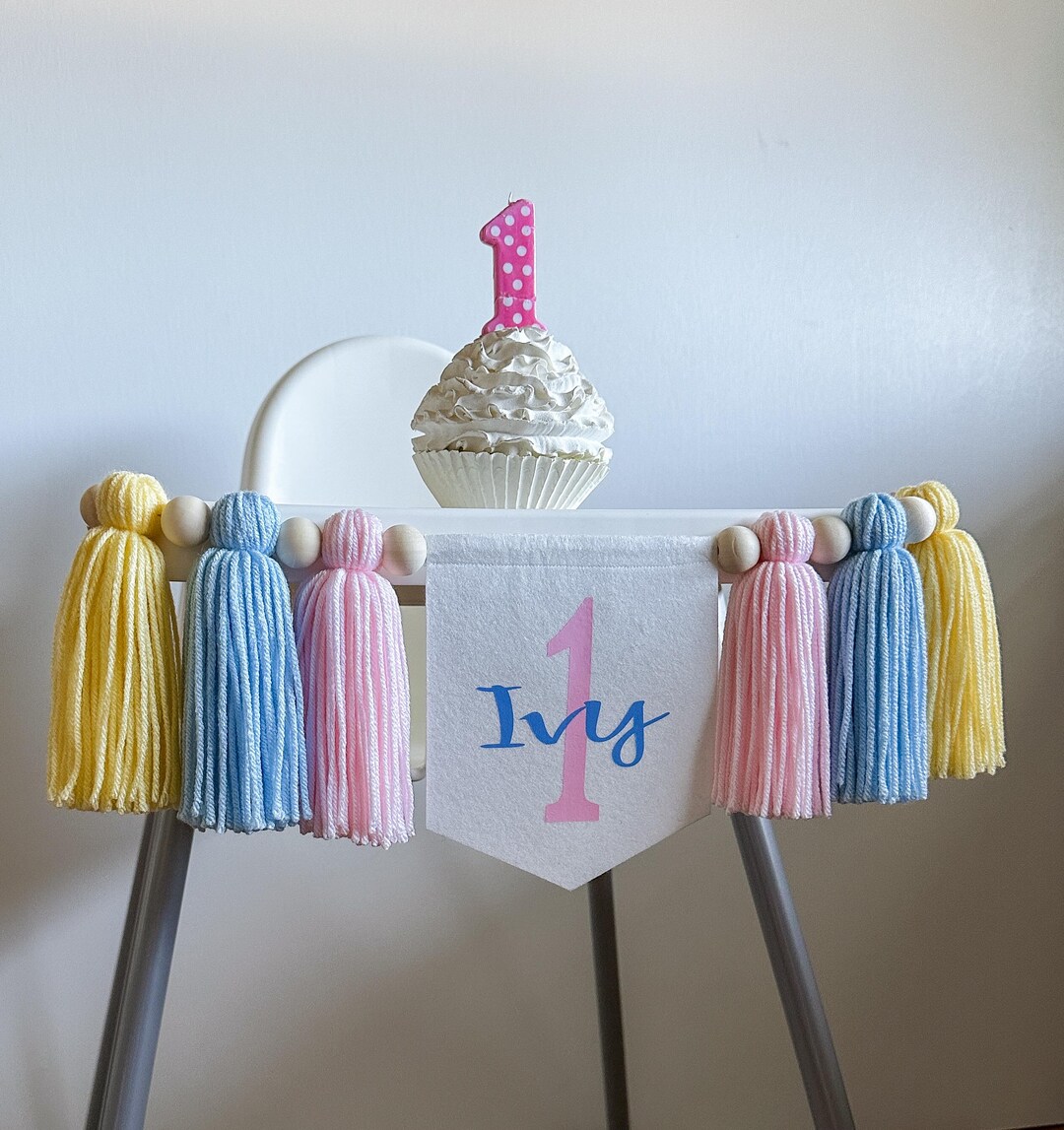 Pastels First Birthday Highchair Banner, Spring Easter Bunny Theme 1st ...