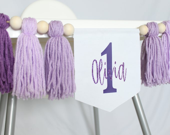 Purple First Birthday Cake Smash Highchair Banner, Baby Name Banner ...