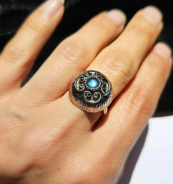 Dark Academia Ring Vogue Vintage Filigree Silver Tone Ring Antique Style Blue Cabochon Glass Statement Ring High End Costume Jewelry Ring Etsy