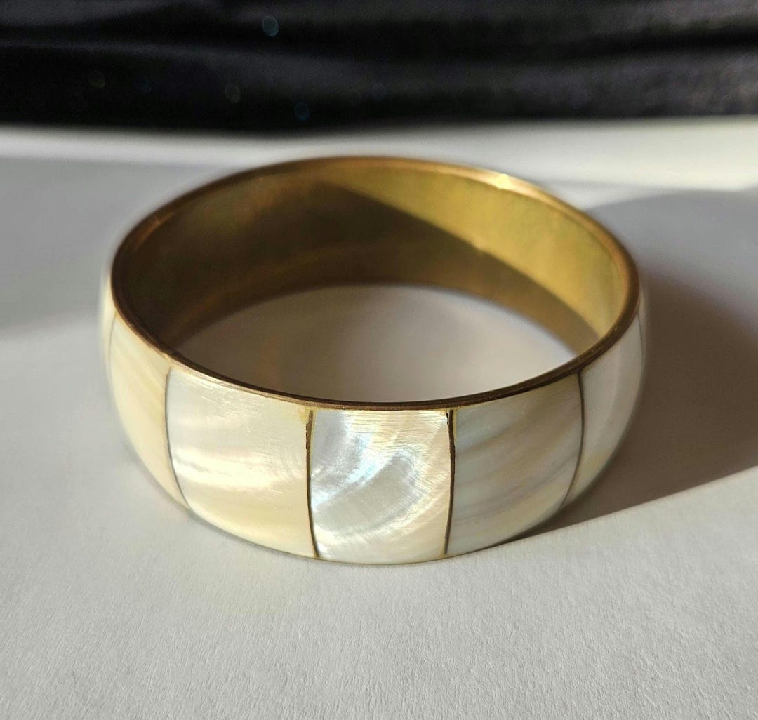 Mother of Pearl Bangle Vintage 70s Inlay Bracelet Wide Band Brass MOP ...