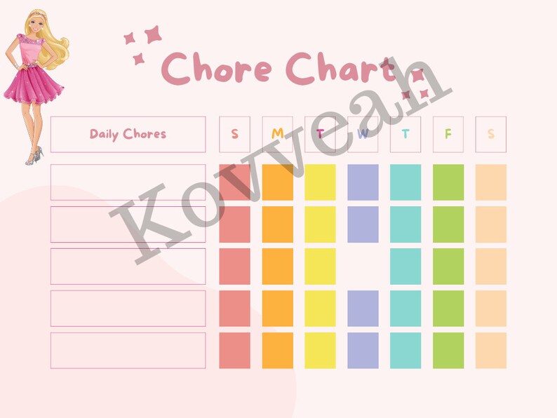 Barbie Chore Chart, Printable Chore Chart, Customizable Chore Chart, Kids Chore Chart, Children ...