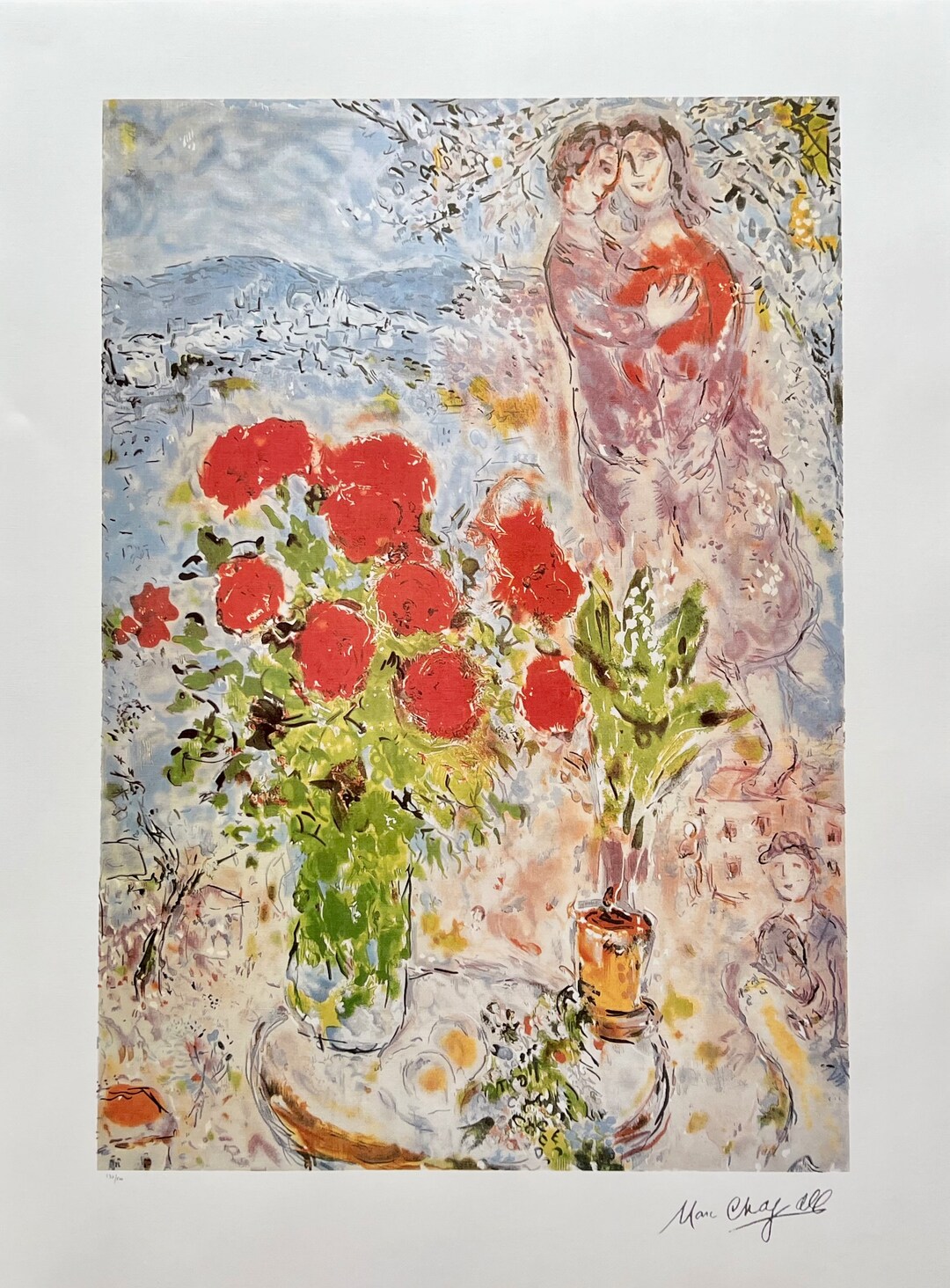 Rare Marc Chagall Red Bouquet With Lovers Etsy