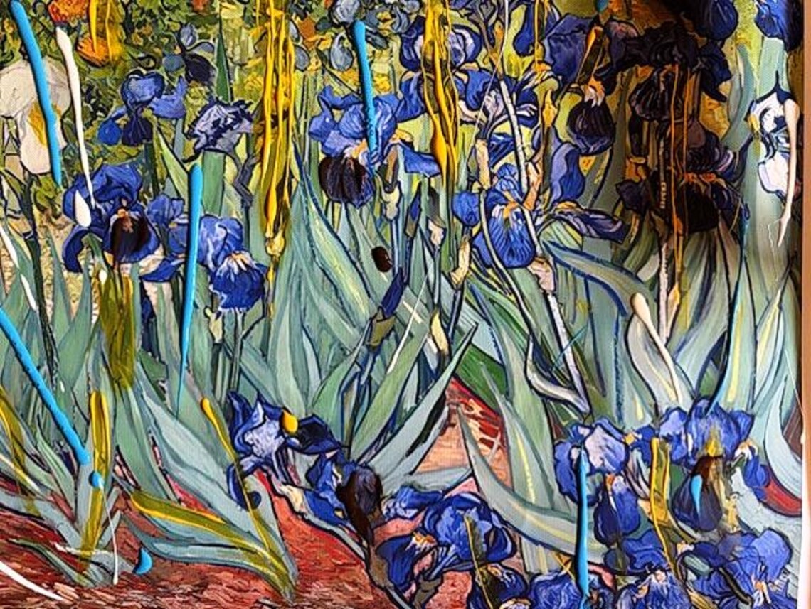 Large Framed Van Gogh Lilies Hand Embellished Peter Max Jim Warren ...