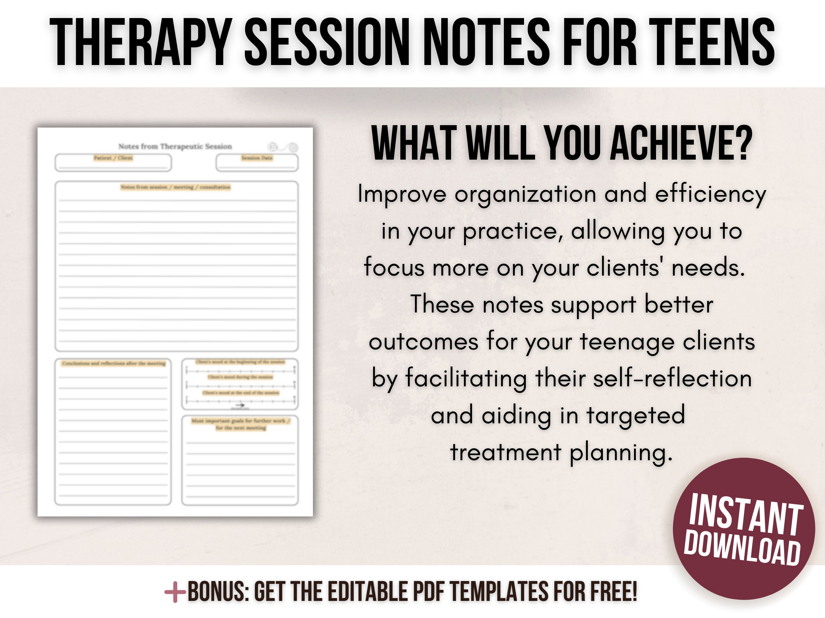Pre and Post Therapy Session Notes for Teens Printable PDF | Therapy ...