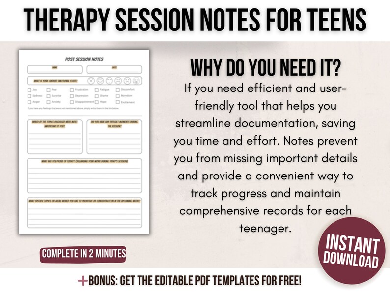 Pre and Post Therapy Session Notes for Teens Printable PDF | Therapy ...