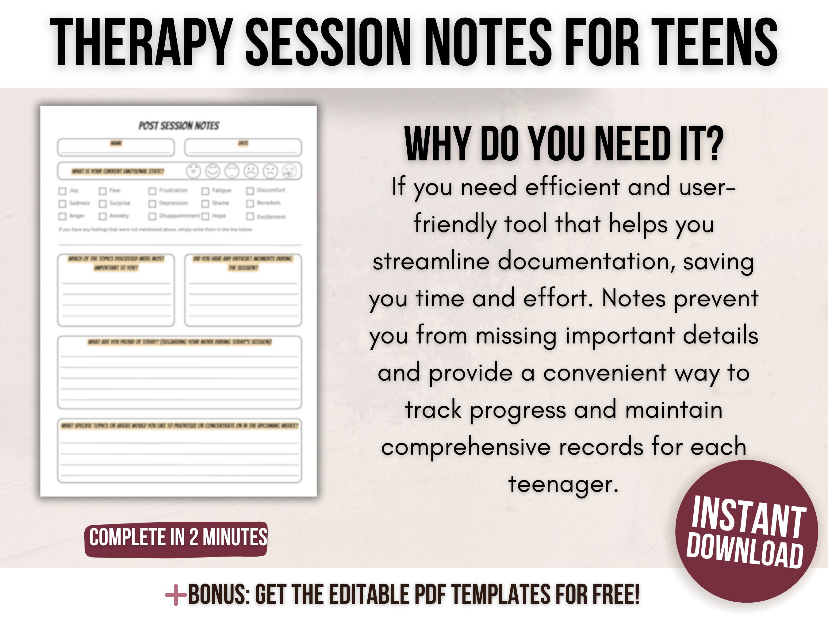 Pre and Post Therapy Session Notes for Teens Printable PDF | Therapy ...
