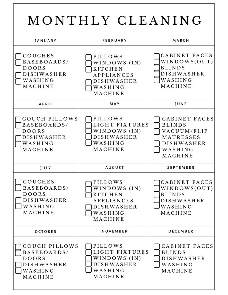 Monthly/weekly Cleaning & Laundry Checklist, Monthly Cleaning Checklist ...
