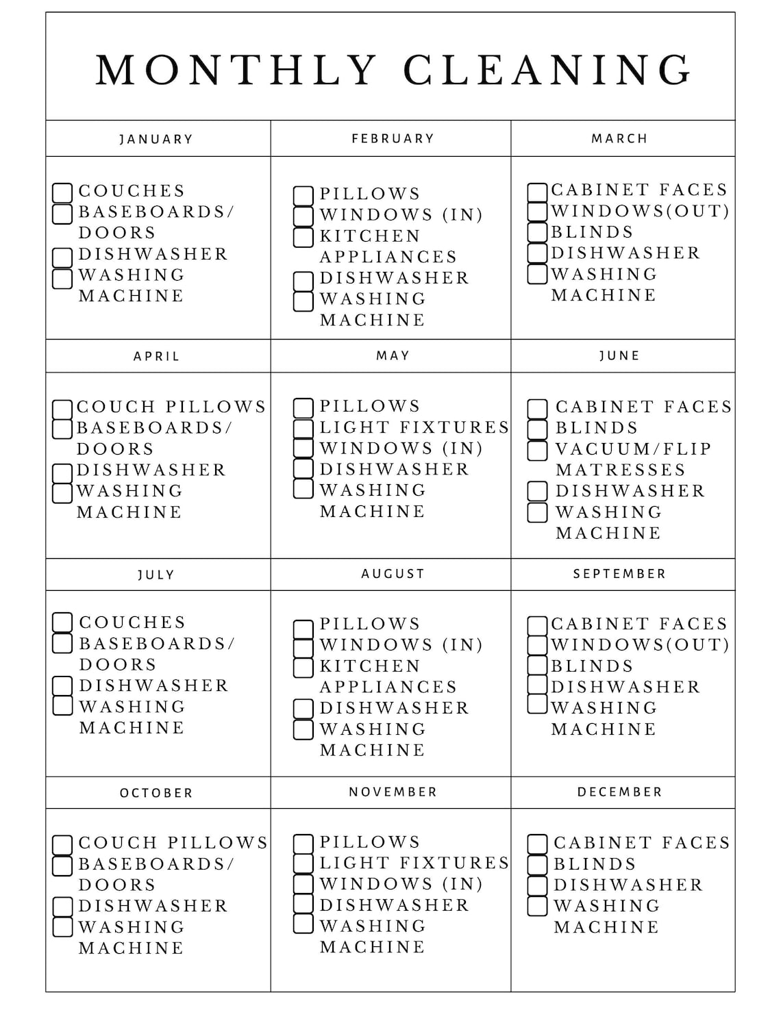 Monthly Cleaning Checklist, Monthly Cleaning Schedule, Cleaning ...