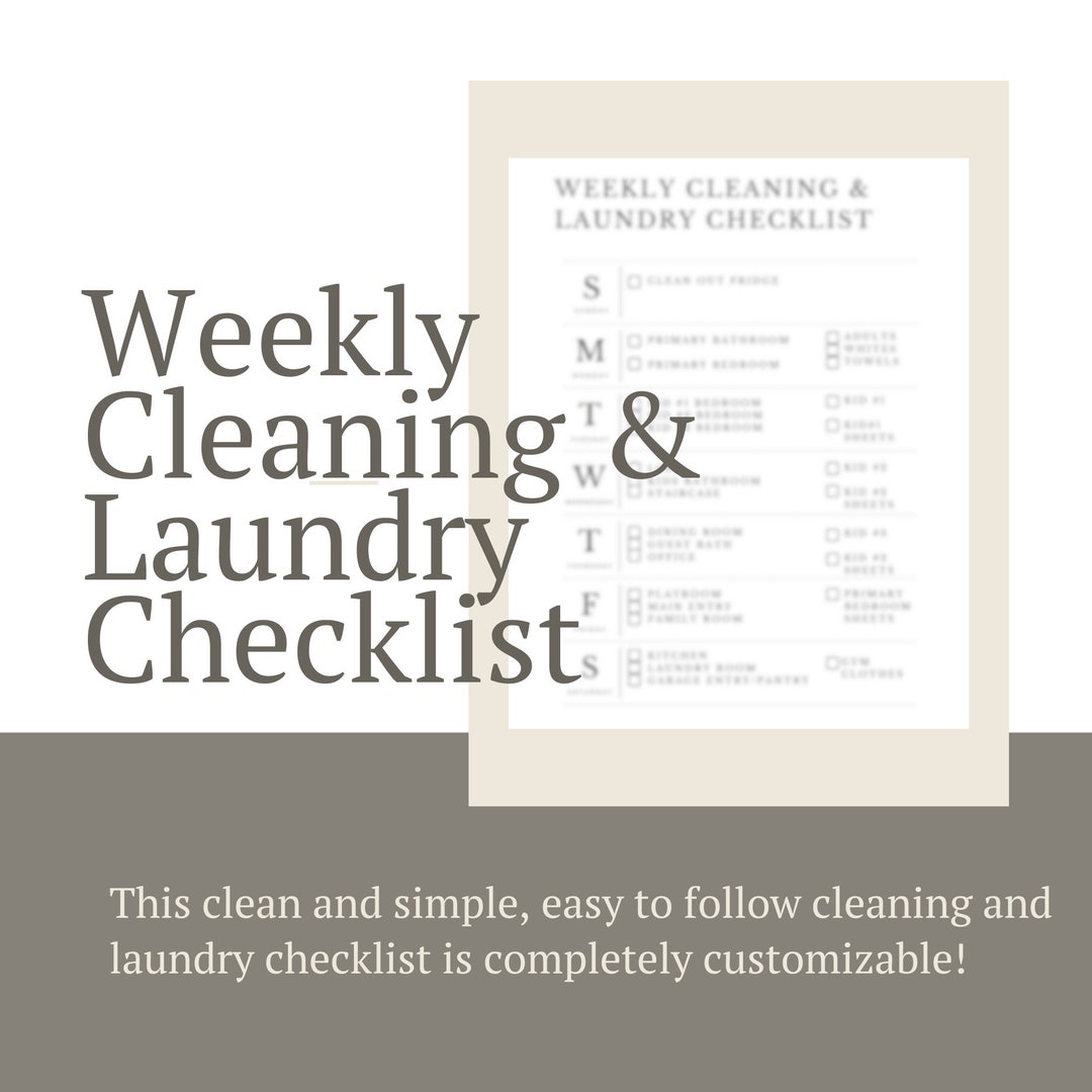 Weekly Cleaning and Laundry Checklist, Cleaning Schedule, Simple and ...