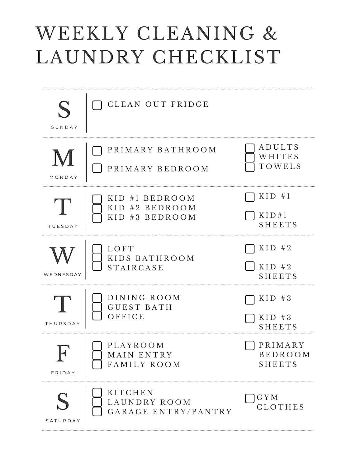Weekly Cleaning and Laundry Checklist, Cleaning Schedule, Simple and ...