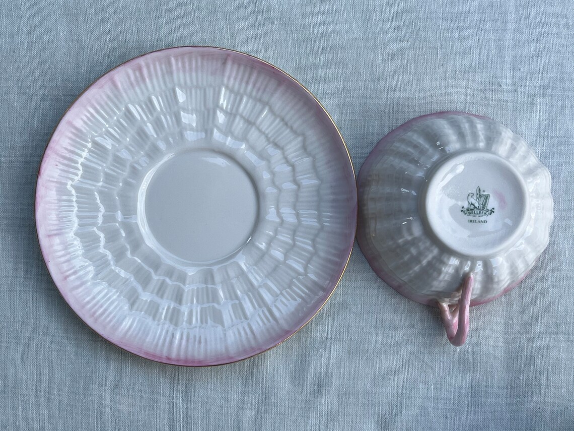 Rare Vintage Belleek Pink Tridacna Tea Cup and Saucer, Like New ...