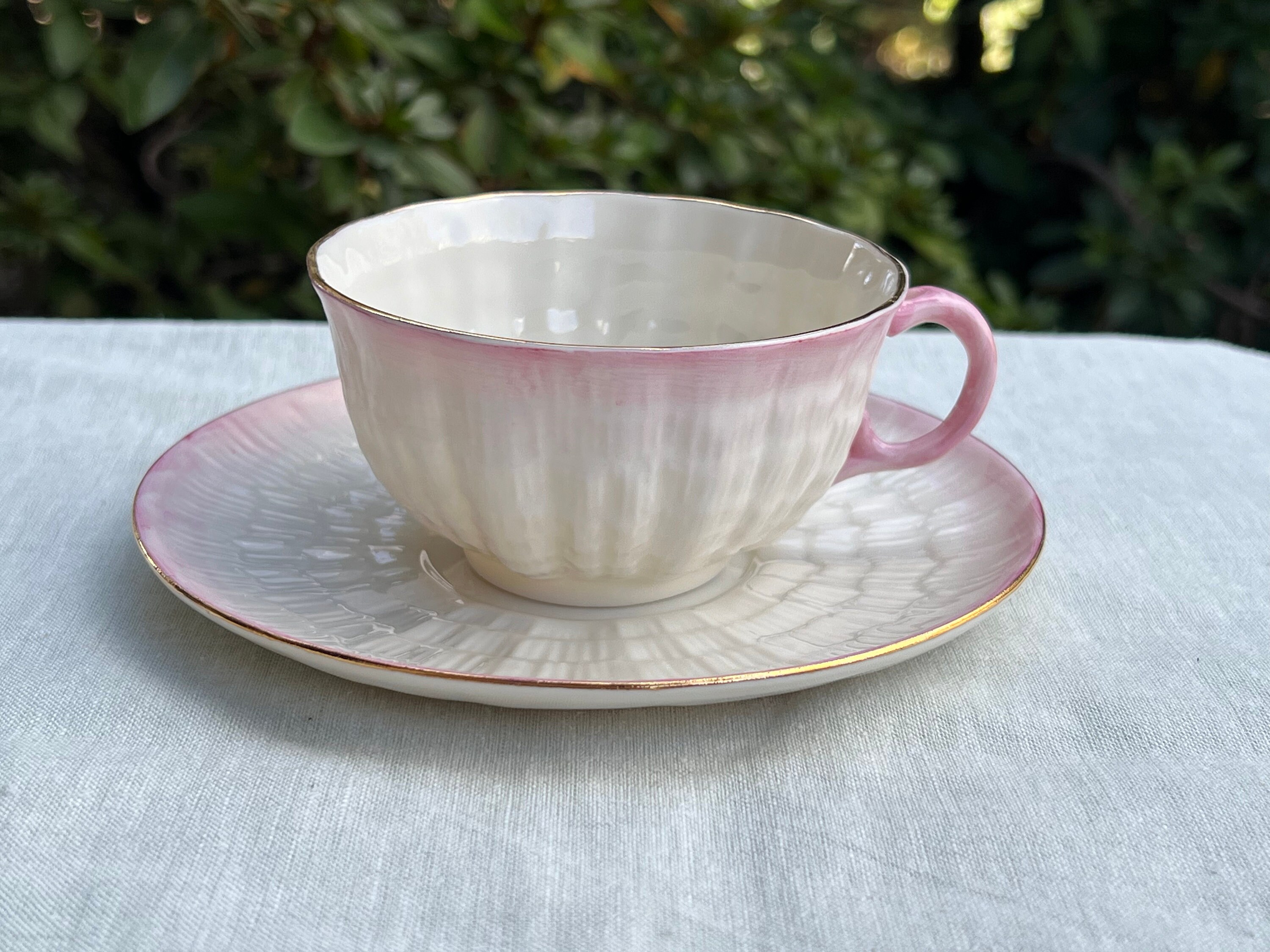 Rare Vintage Belleek Pink Tridacna Tea Cup and Saucer, Like New ...