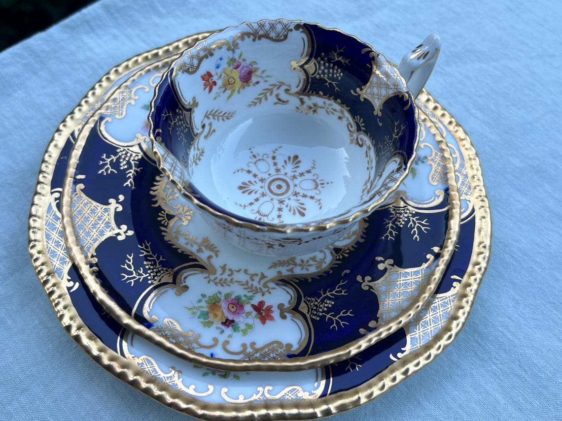 Rare Antique Coalport Batwing Tea Cup and Saucer Trio Set, Deep Cobalt ...
