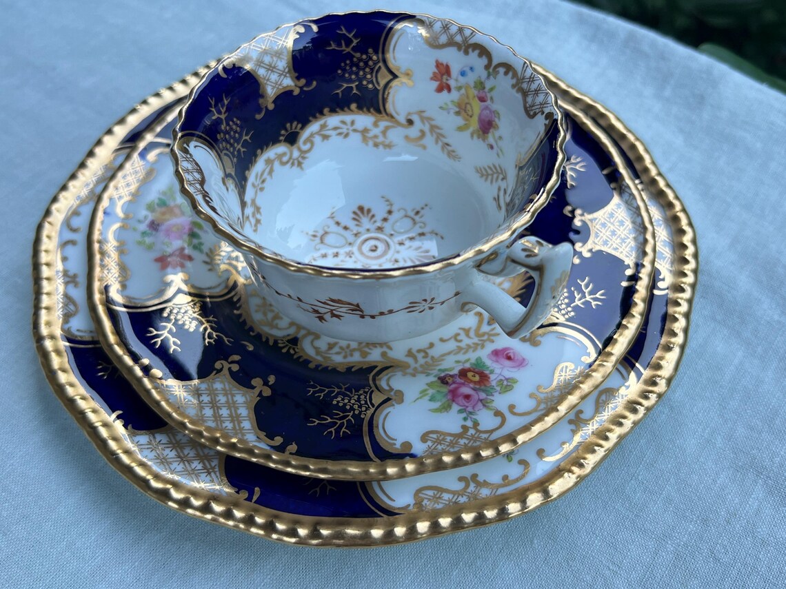 Rare Antique Coalport Batwing Tea Cup and Saucer Trio Set, Deep Cobalt ...