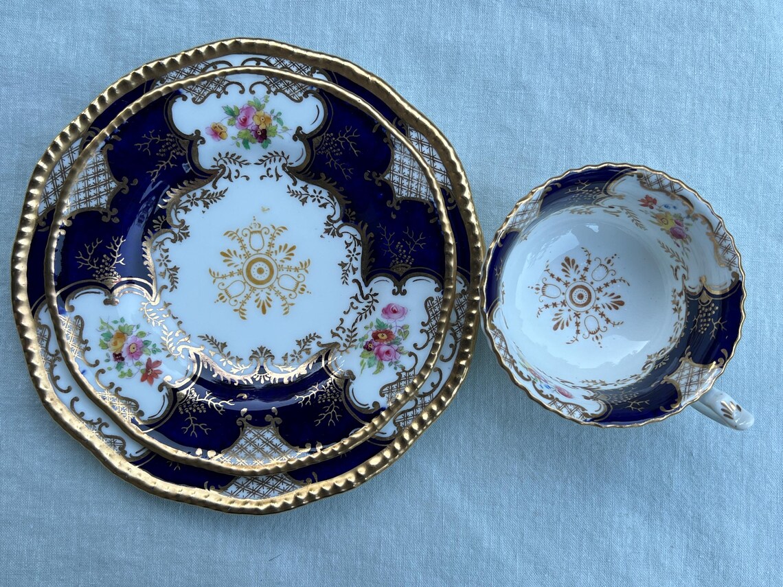 Rare Antique Coalport Batwing Tea Cup and Saucer Trio Set, Deep Cobalt ...
