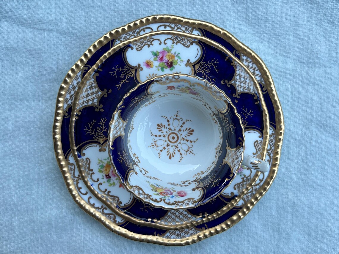 Rare Antique Coalport Batwing Tea Cup and Saucer Trio Set, Deep Cobalt ...