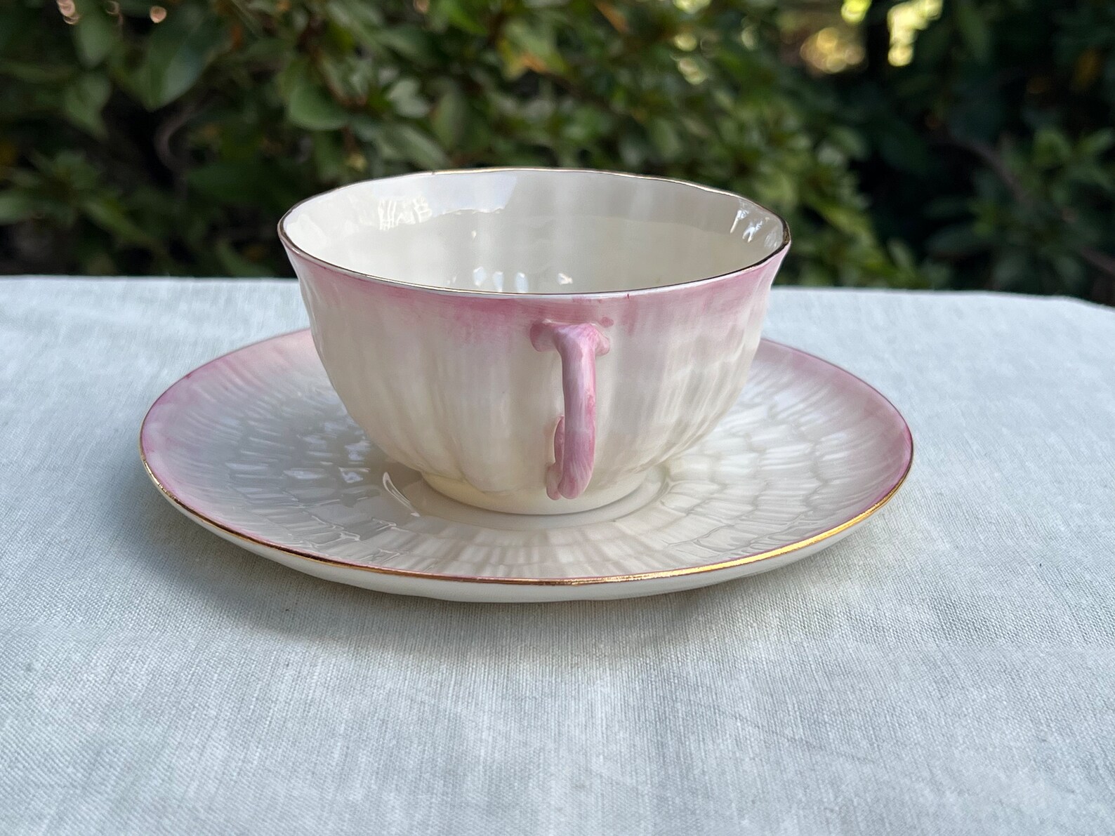 Rare Vintage Belleek Pink Tridacna Tea Cup and Saucer, Like New ...