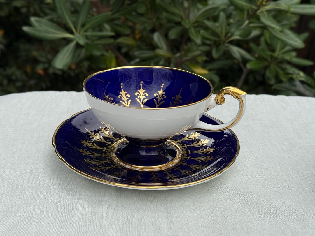 Rare Aynsley Tea Cup and Saucer Set, Pedestal Style in Cobalt Blue and ...