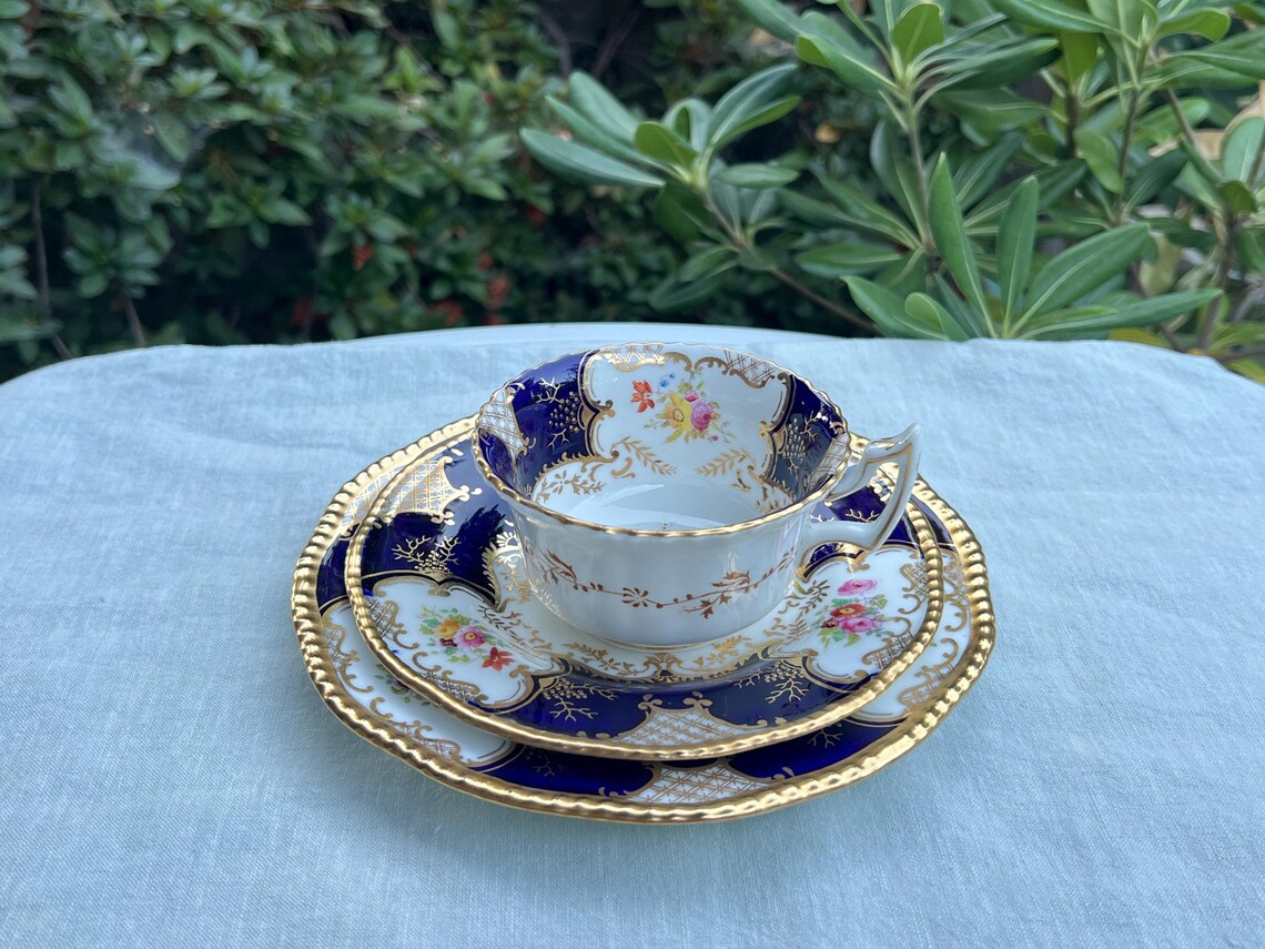Rare Antique Coalport Batwing Tea Cup and Saucer Trio Set, Deep Cobalt ...