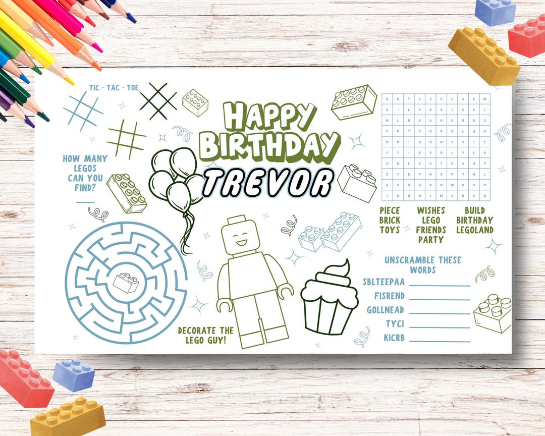 Personalized Building Bricks Birthday Coloring Placemat Sheet Lego ...