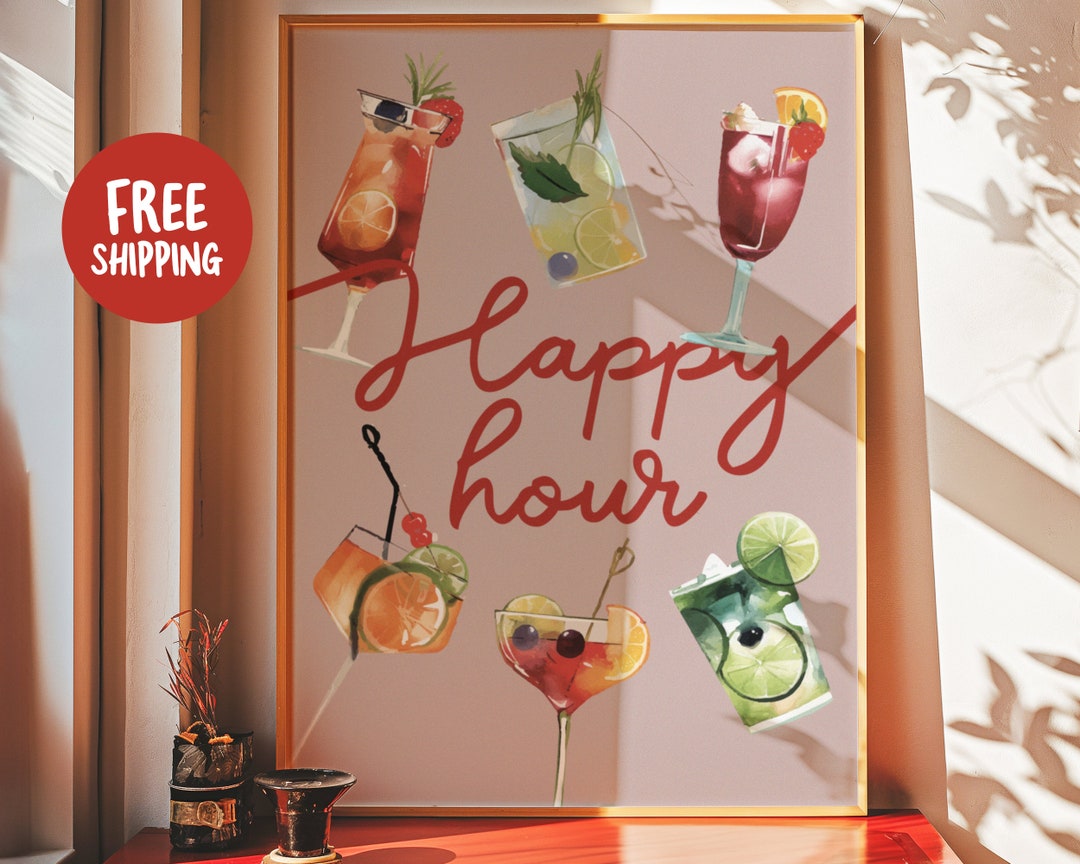 Happy Hour Print - Retro Cocktail Wall Art, Party Poster, Bar Quote ...