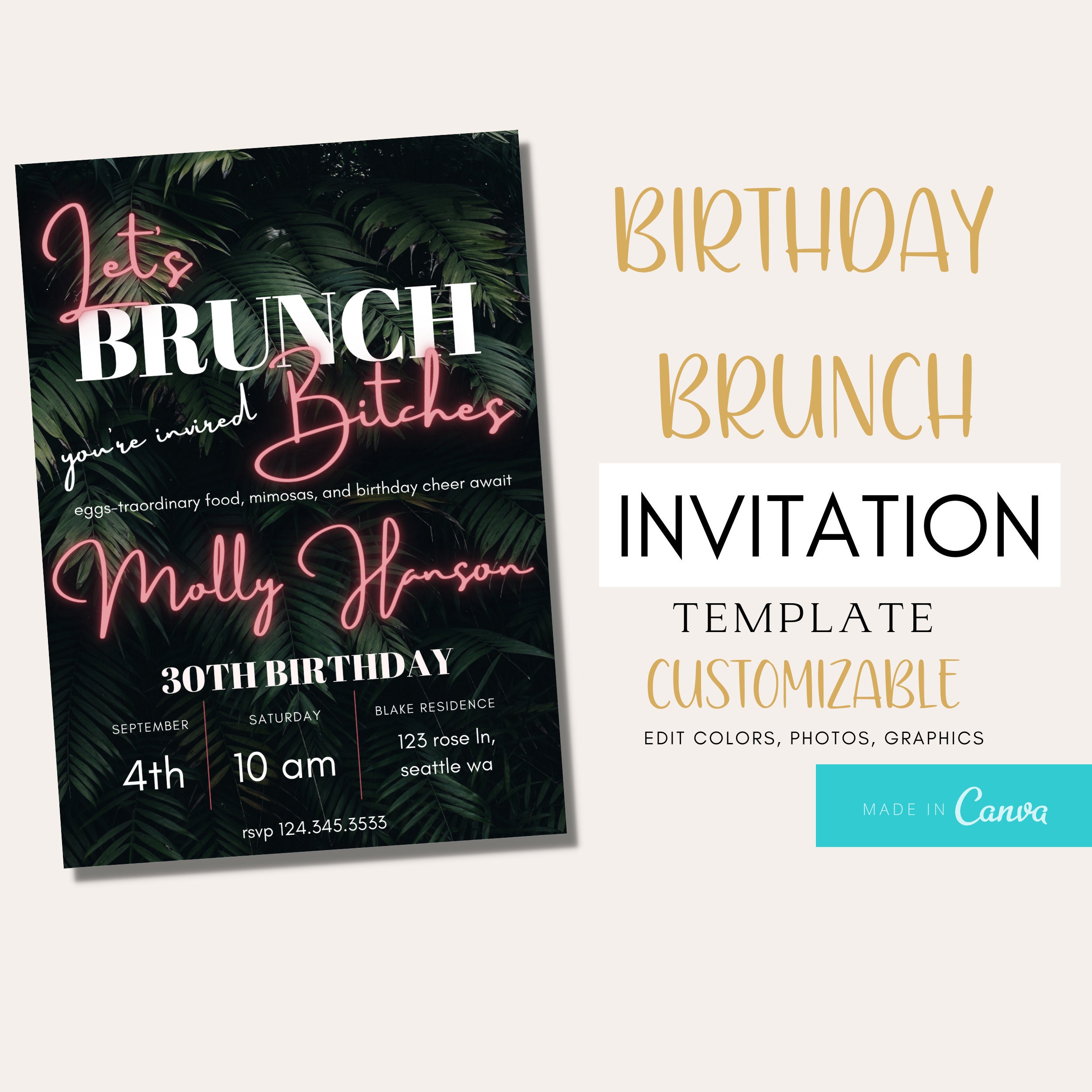 Birthday Brunch Invitation, Birthday Party Invitation, Editable ...