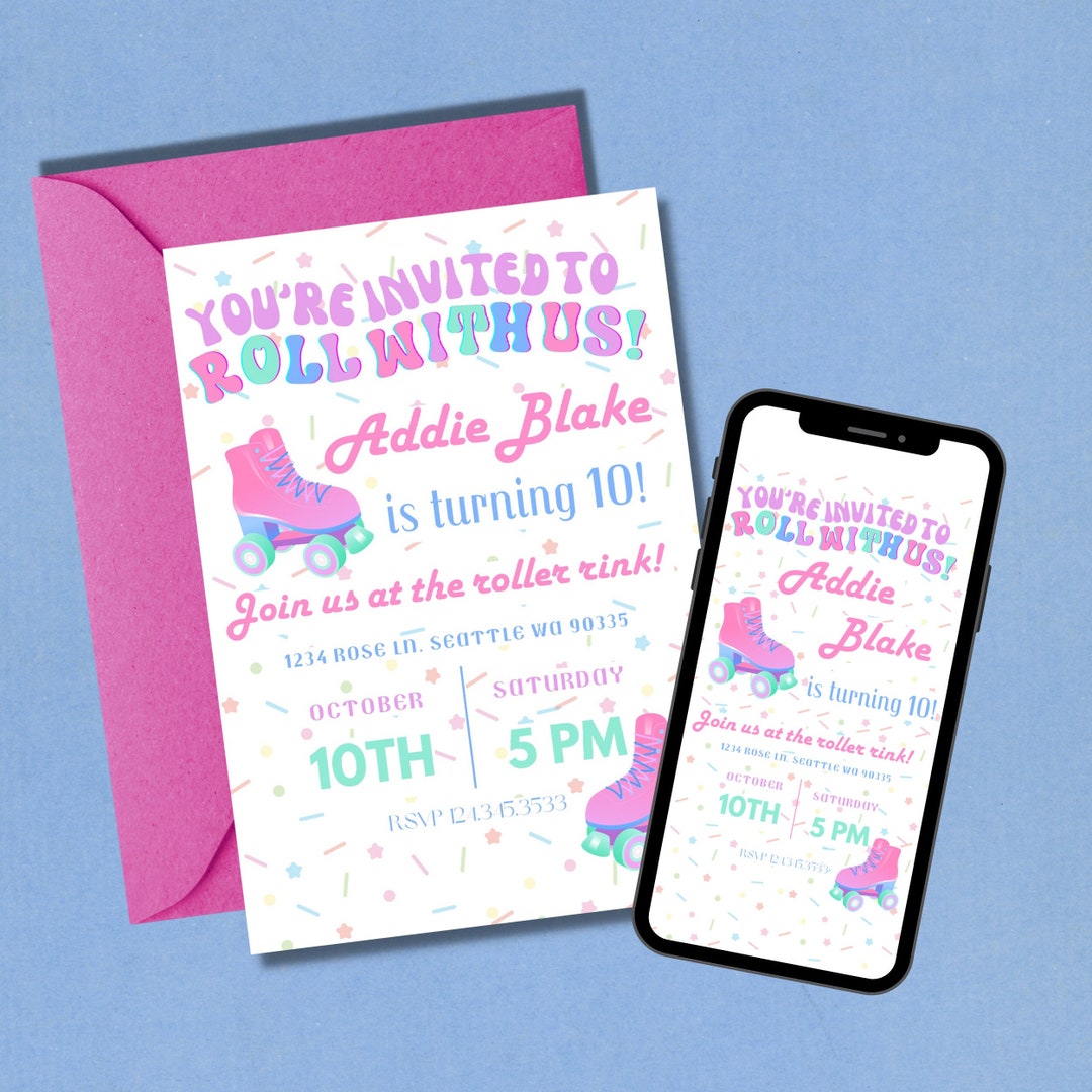 Roller Skating Invite. Birthday Party Invitation, Editable Invitation ...