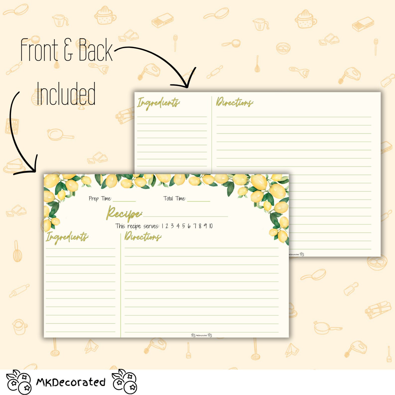 Digital - Lemon Recipe Card Template, Instant Download, Lemon Recipe ...