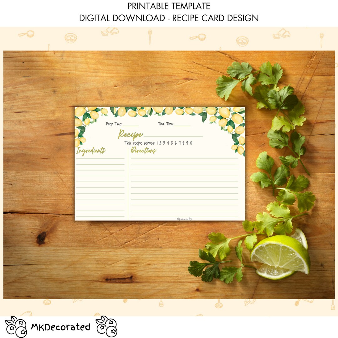 Digital - Lemon Recipe Card Template, Instant Download, Lemon Recipe ...