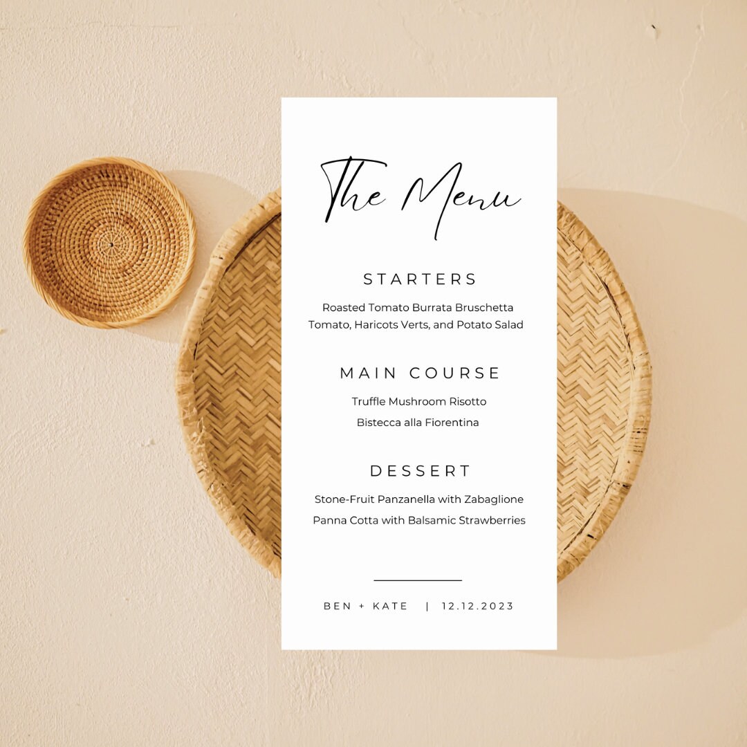 Minimalist Dinner Menu Template, Editable Menu Card, Wedding Menu Card ...
