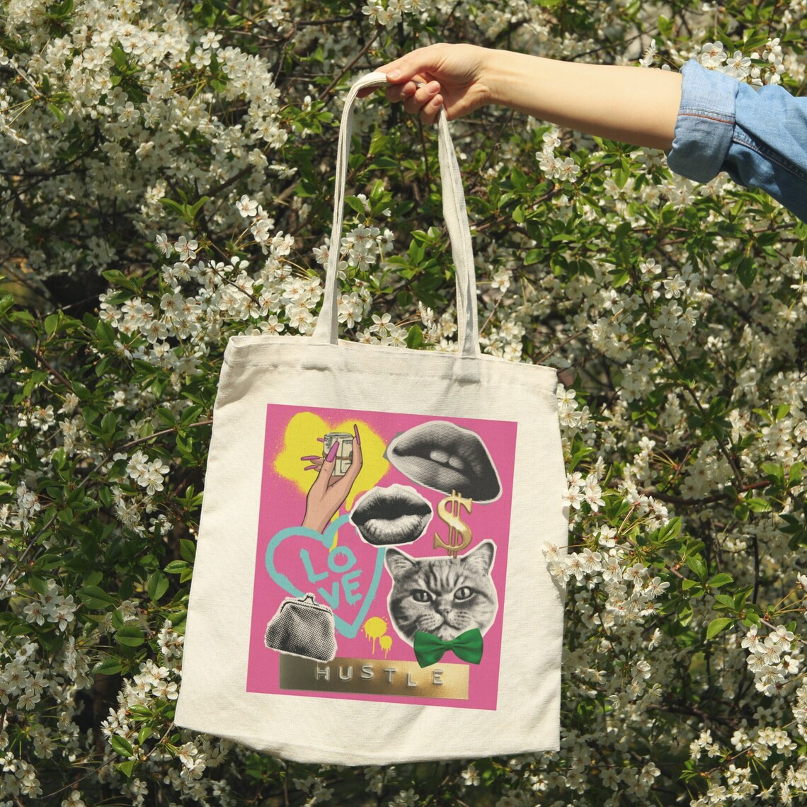 Pop Art Love Hustle Canvas Tote Bag Cat Mom Gifts Cat Lover Gifts - Etsy