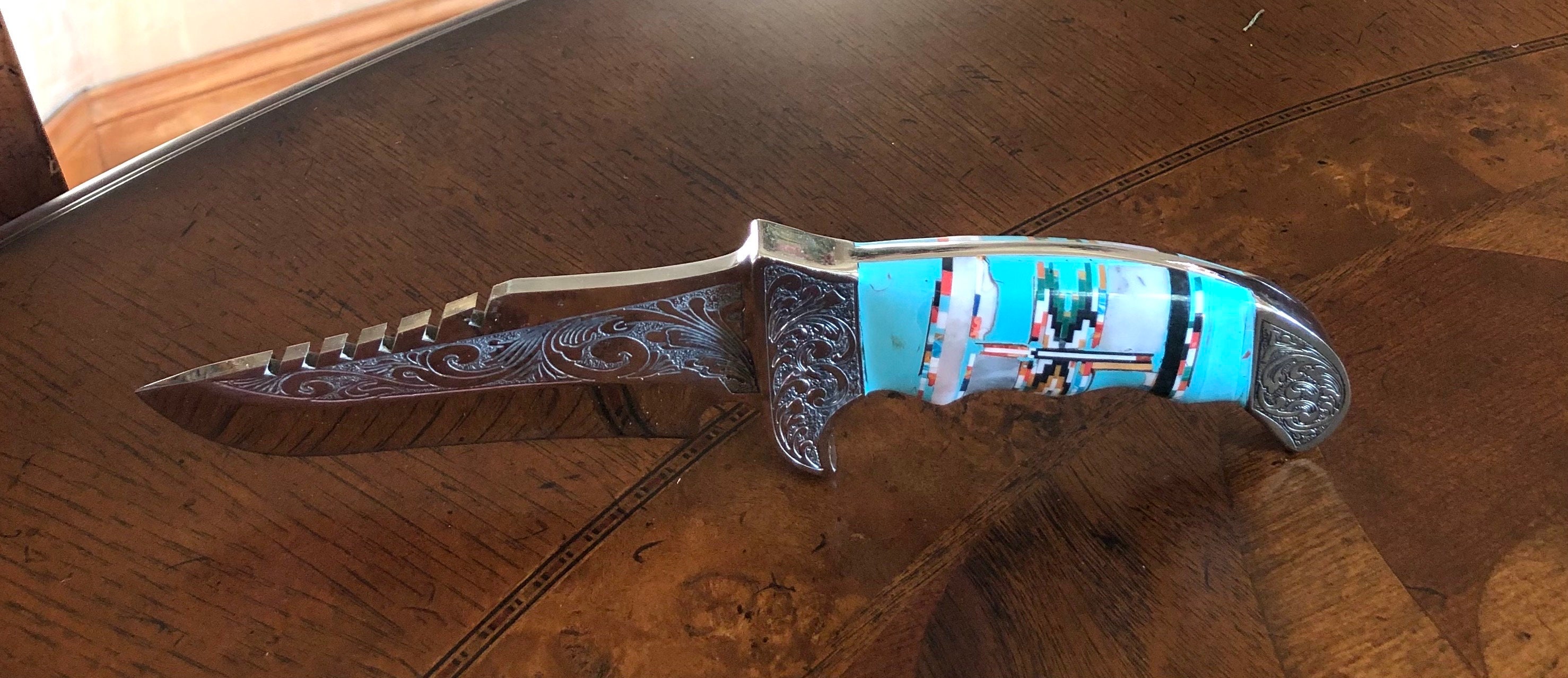 Southwestern Inlay Knife With Leather Sheath- Turquoise Inlay Knife ...