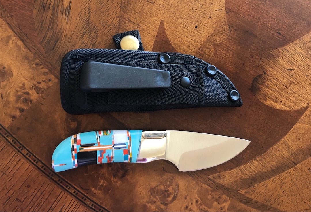 Inlay Pocket Knife With Black Sheath- Inlay Turquoise Knife With Multi ...