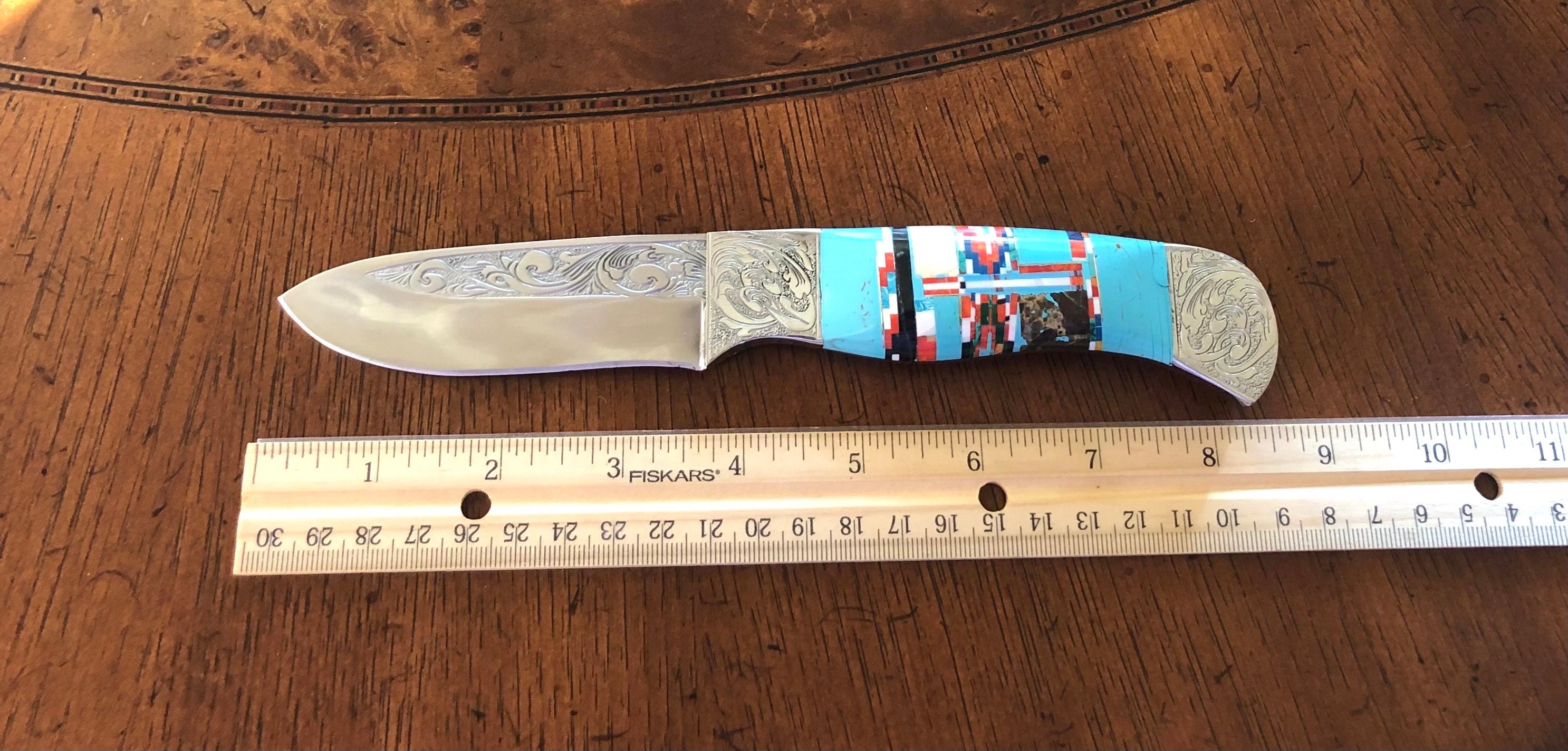 Inlay Knife With Leather Sheath- Turquoise Inlay Knife With Multi ...