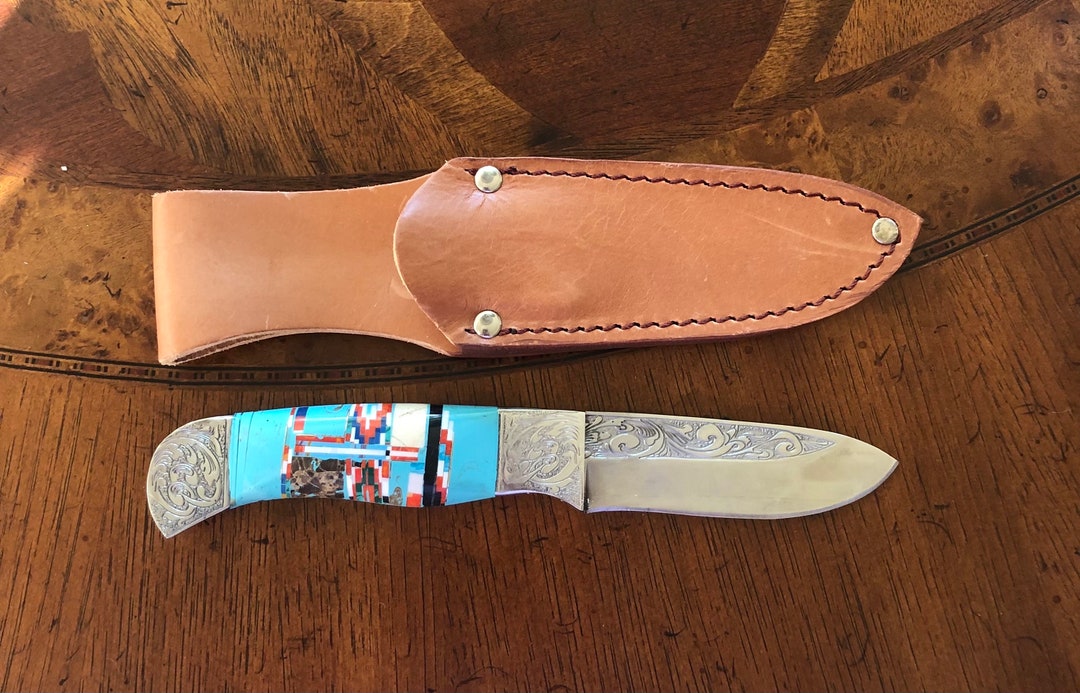Inlay Knife With Leather Sheath- Turquoise Inlay Knife With Multi ...