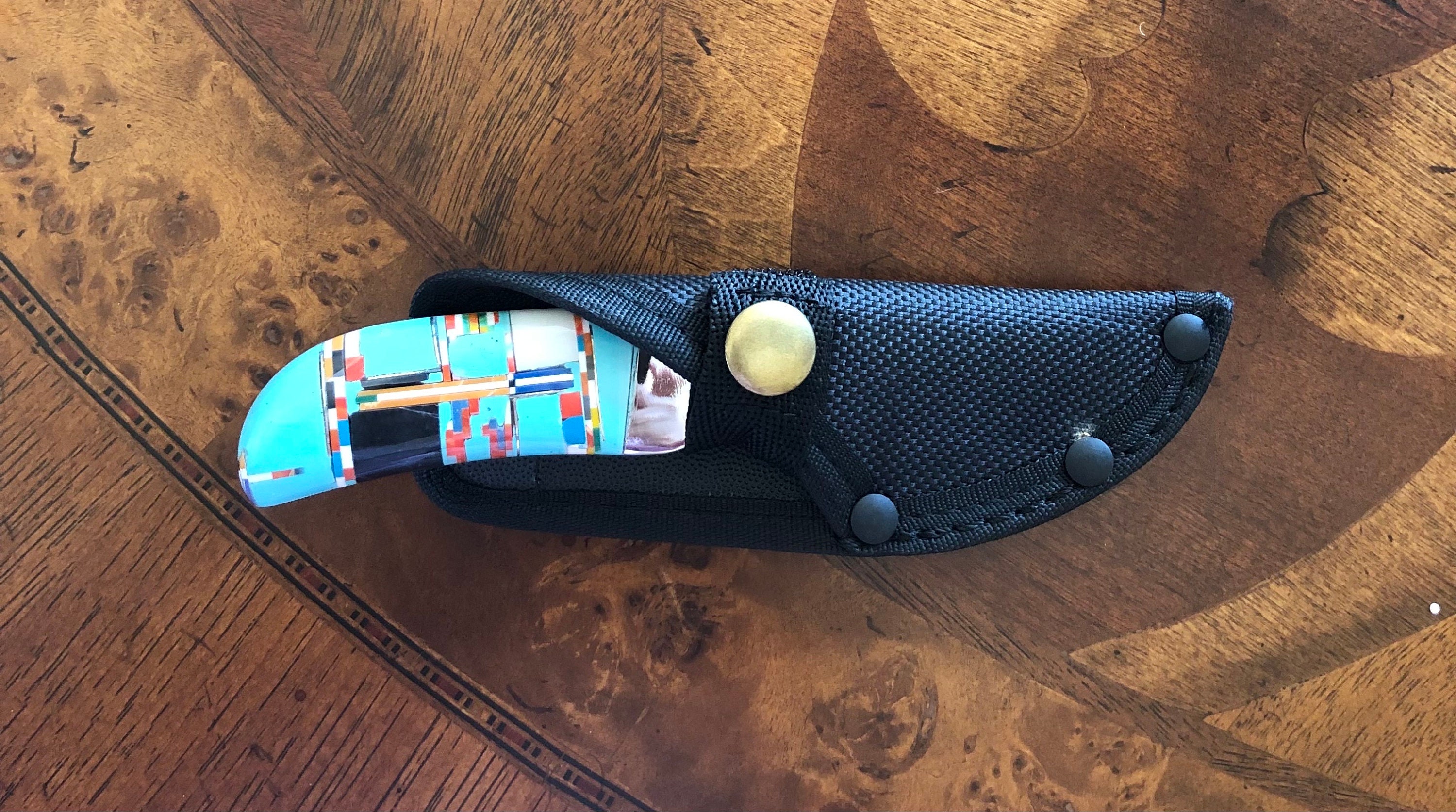 Inlay Pocket Knife With Black Sheath- Inlay Turquoise Knife With Multi ...