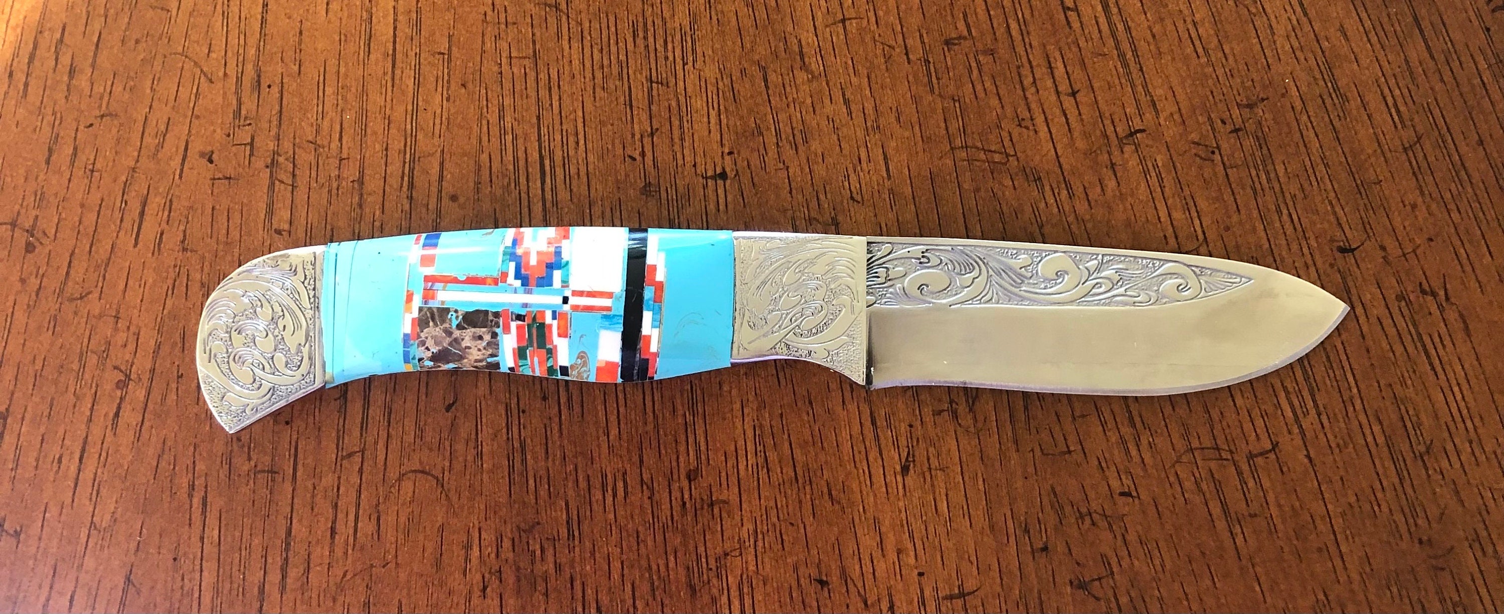 Inlay Knife With Leather Sheath- Turquoise Inlay Knife With Multi ...