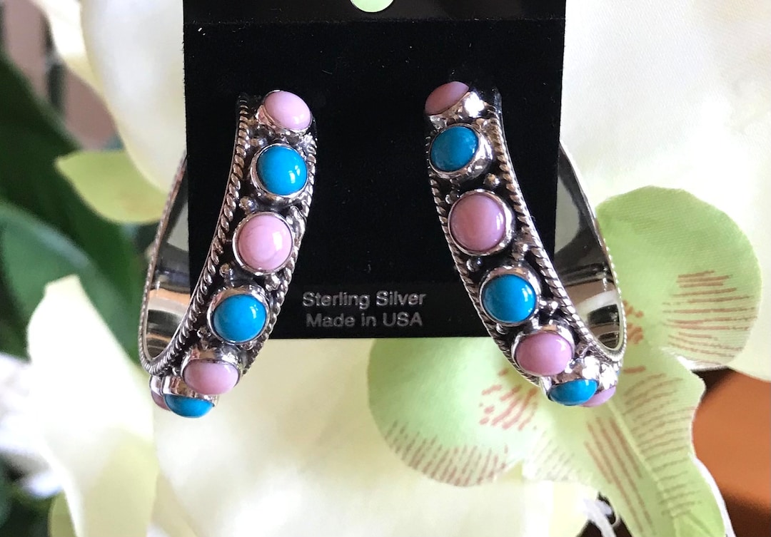 Pink Conch Shell and Turquoise Earrings - 5mm Natural Pink Queen Conch ...