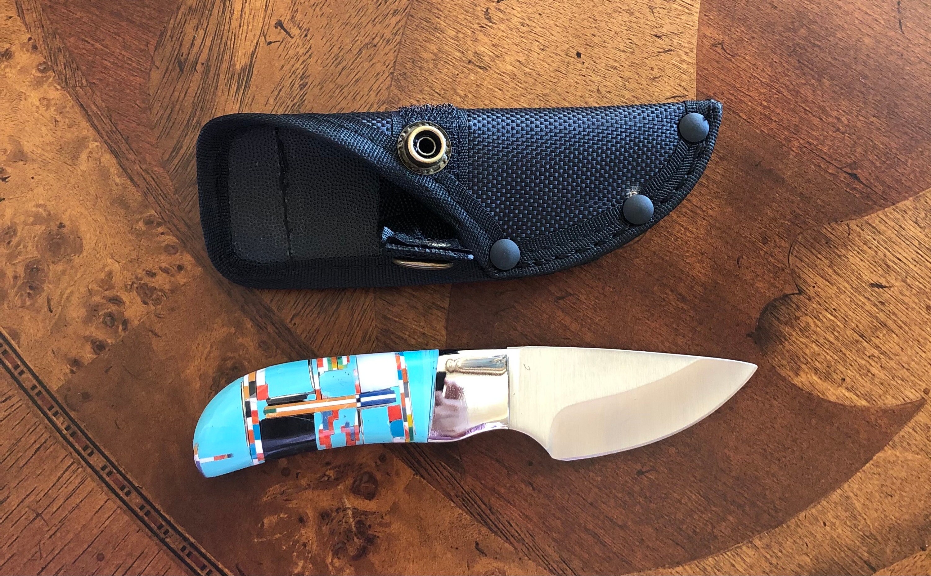 Inlay Pocket Knife With Black Sheath- Inlay Turquoise Knife With Multi ...