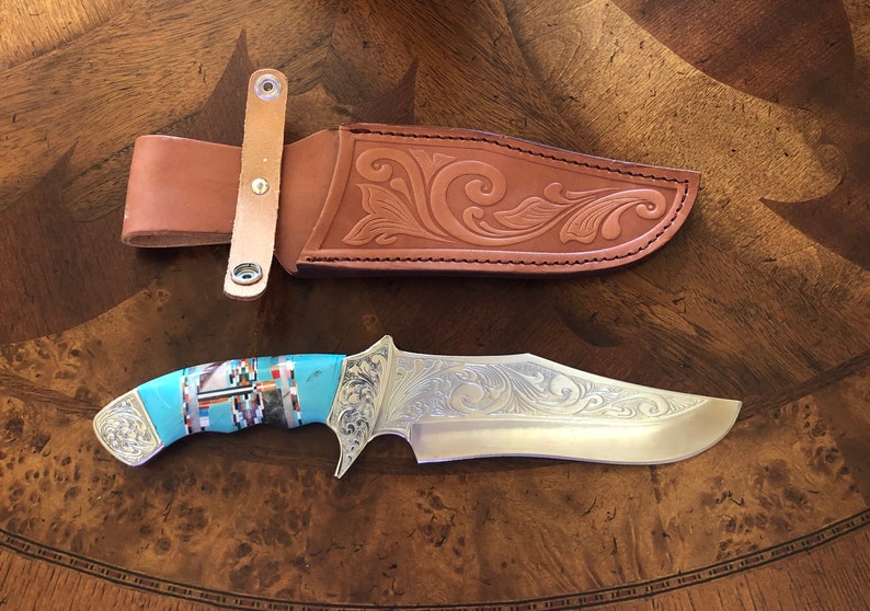 Southwestern Inlay Knife With Leather Sheath- Turquoise Inlay Knife ...