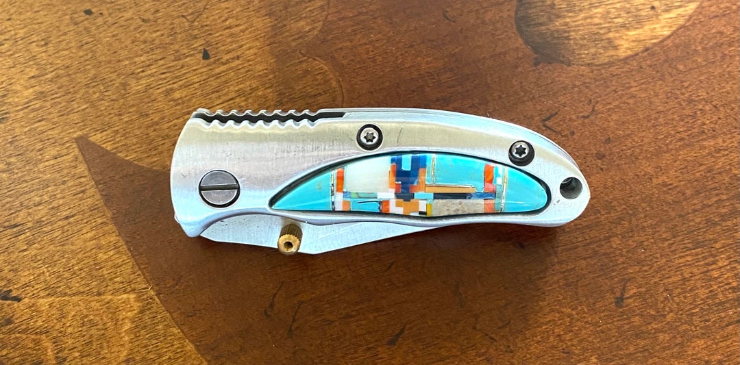 Turquoise Inlay Pocket Clip Knife With Multi Stones - Micro Inlayed ...