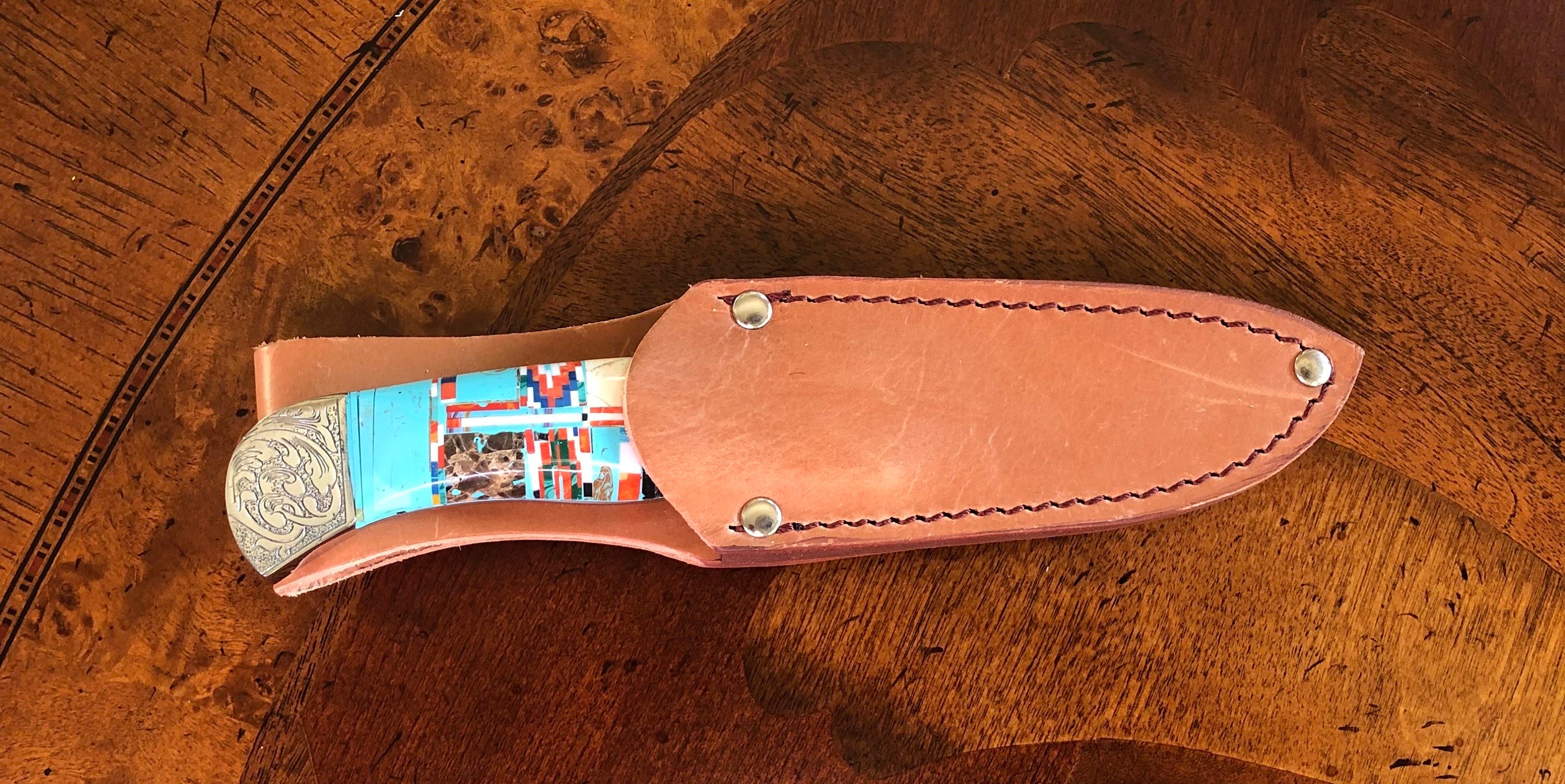Inlay Knife With Leather Sheath- Turquoise Inlay Knife With Multi ...