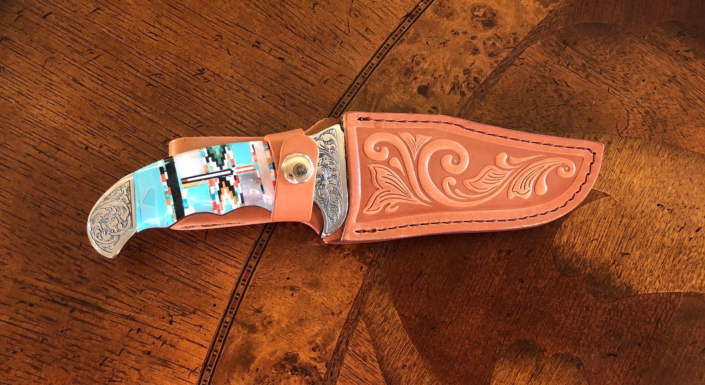 Southwestern Inlay Knife With Leather Sheath- Turquoise Inlay Knife ...